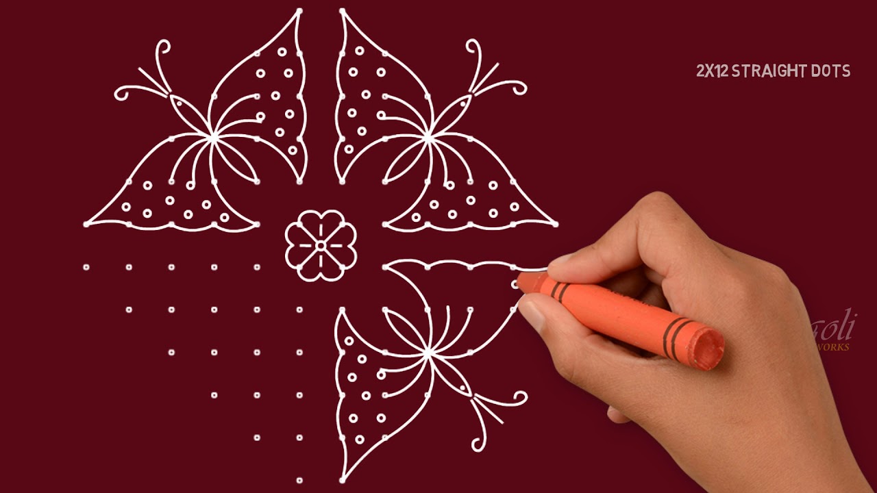 Easy Butterfly rangoli with 12x2 dots | butterfly kolam designs with ...