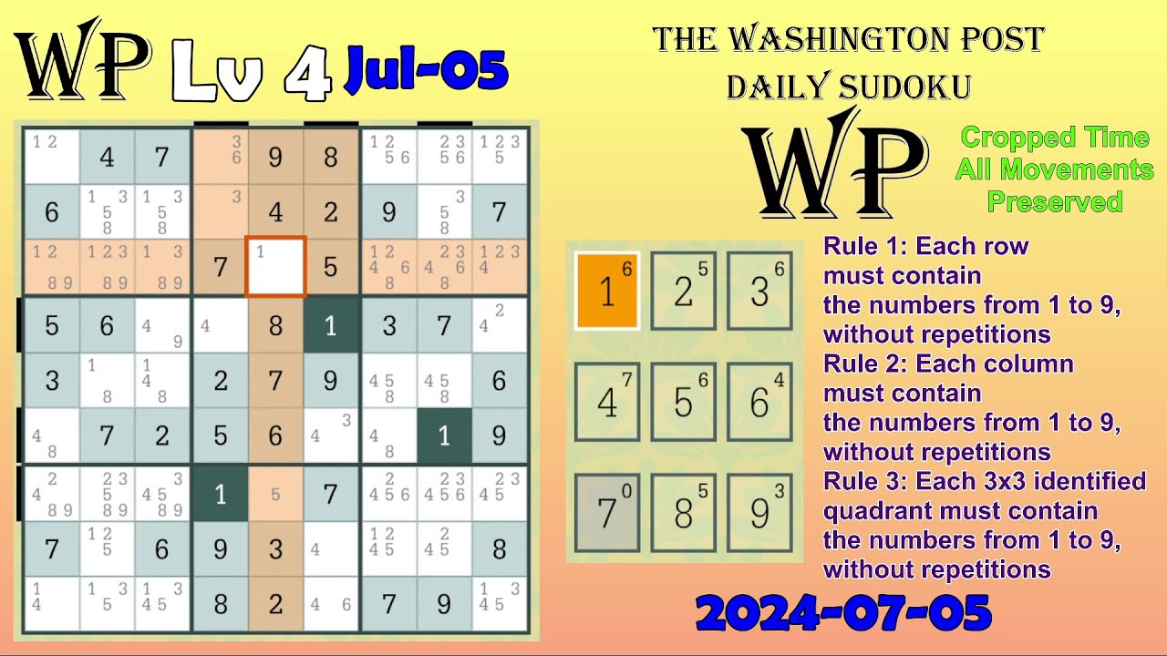 The Washington Post Daily Sudoku 2024-07-05 Level 4 - YouTube