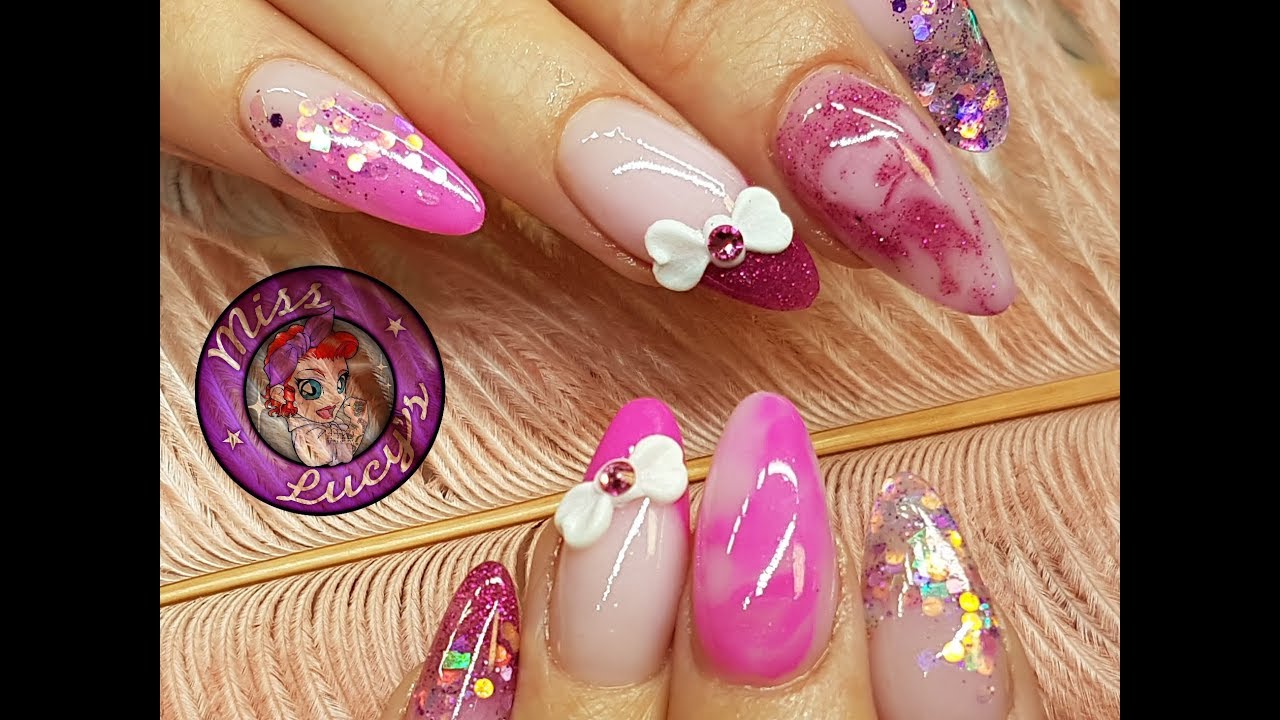 Pinky Pick n Mix Acrylic Nails, 3d bow, embedded glitter - YouTube