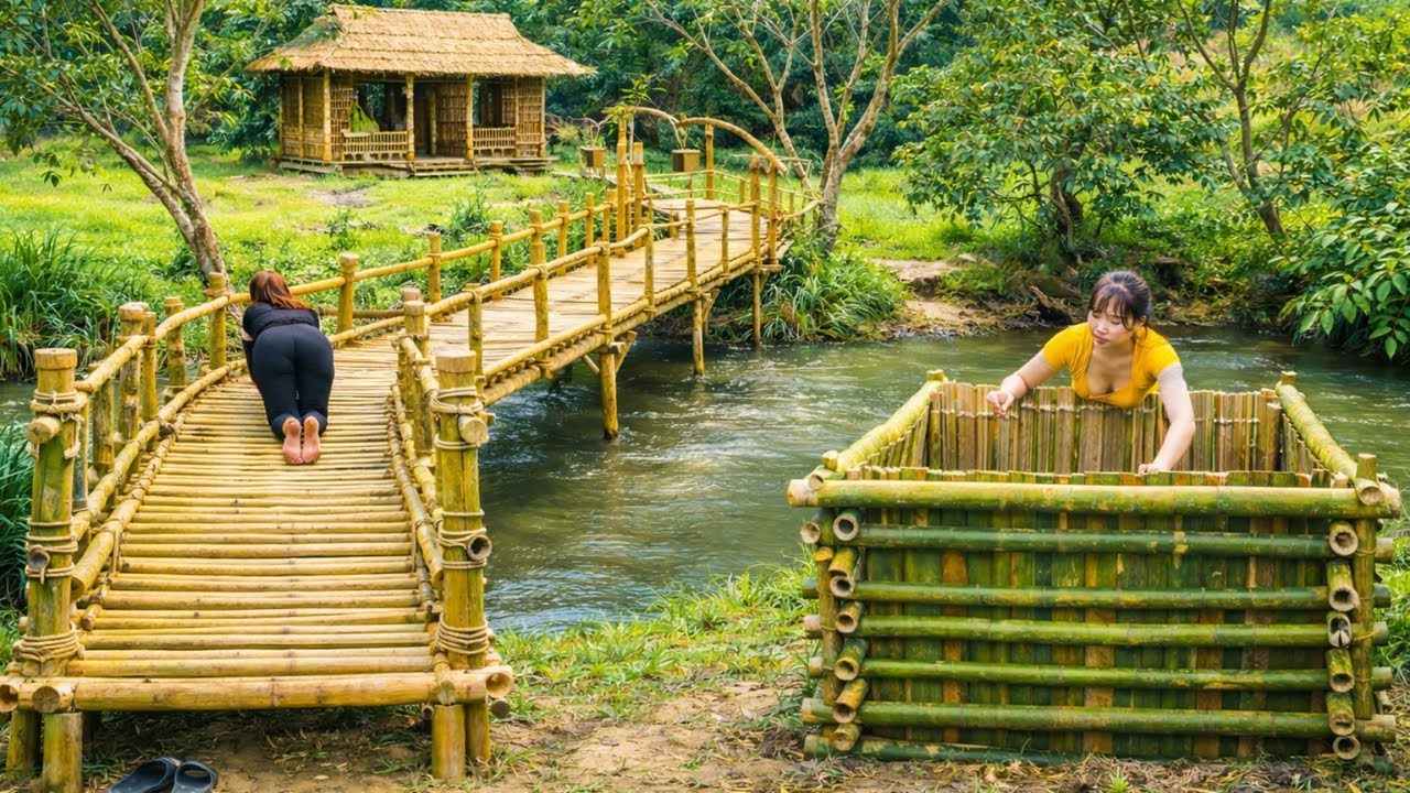 Building a Long Bamboo Bridge Over a Small River | Handmade Piers ...