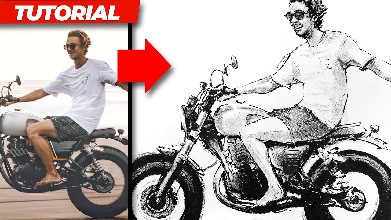 How to draw a COMPLEX motor bike reference (INK DRAWING) - YouTube