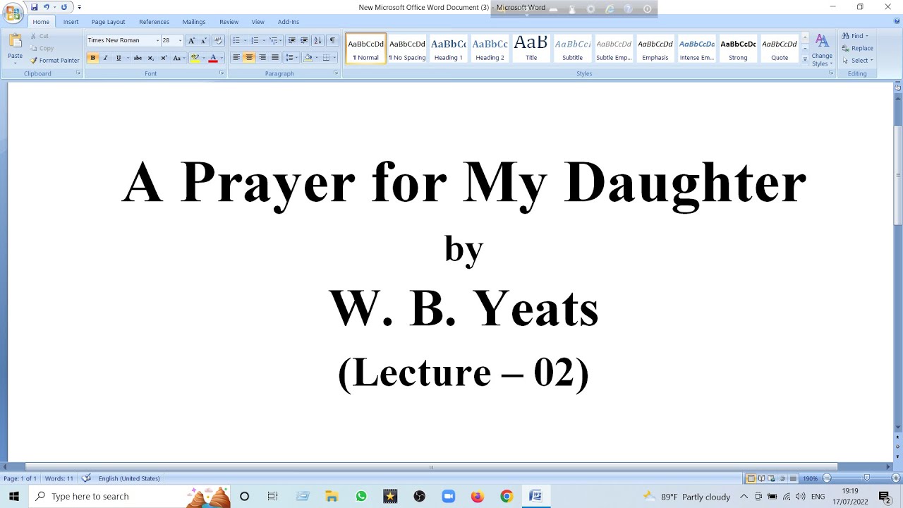 A Prayer for My Daughter - lecture 2 ।। W B Yeats ।। Introduction to ...