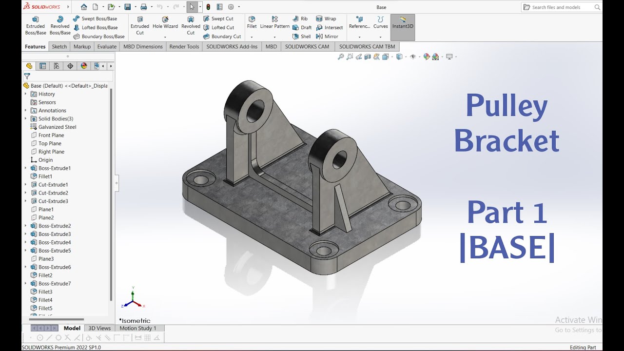 SolidWorks Pulley Bracket Modelling Tutorial Part 1 | BASE | - YouTube