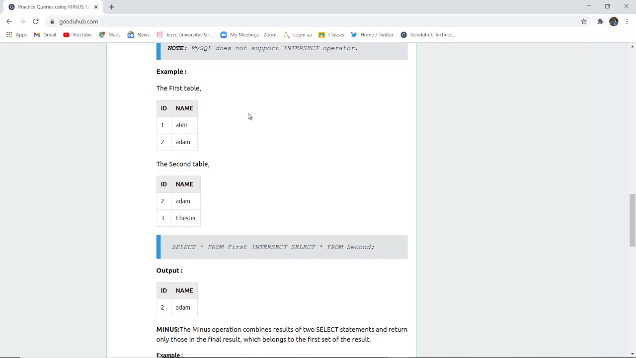 Practice Queries using MINUS, UNION, INTERSECT - YouTube