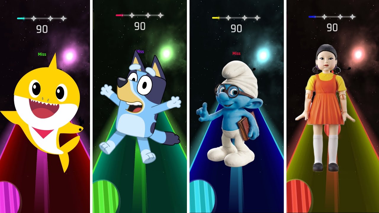 Baby shark vs Bluey vs Smurfs Squid Game TILES HOP 💥🔥 ️‍🔥 - YouTube