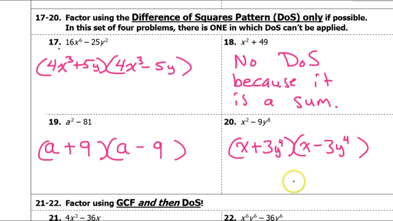 Day 04 Quiz B (13 to 30) Factoring by GCF and Difference of Squares ...