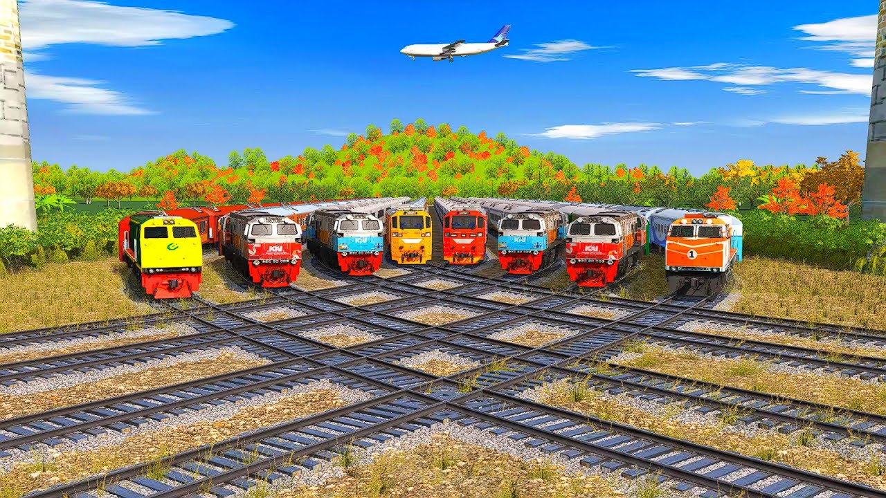 8 Trains Crossing at Sharp Bend Crisscrossed Railroad Track | Delapan ...