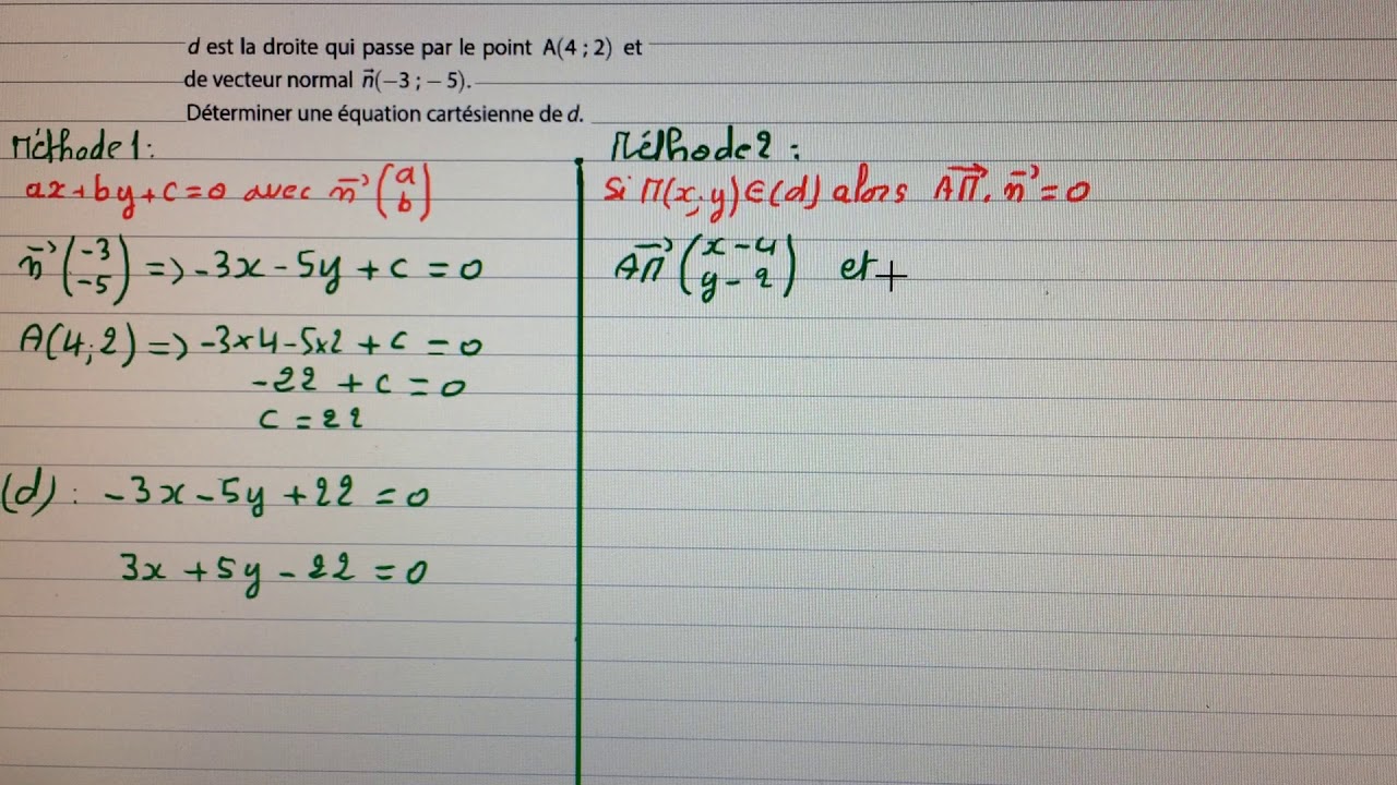 Equation cartésienne d'une droite 1G avec vecteur normal - YouTube
