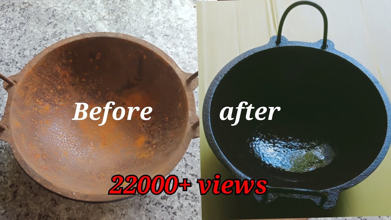 Iron cheena chatti cleaning and seasoning -തുരുമ്പ് പിടിച്ച ചട്ടി ...