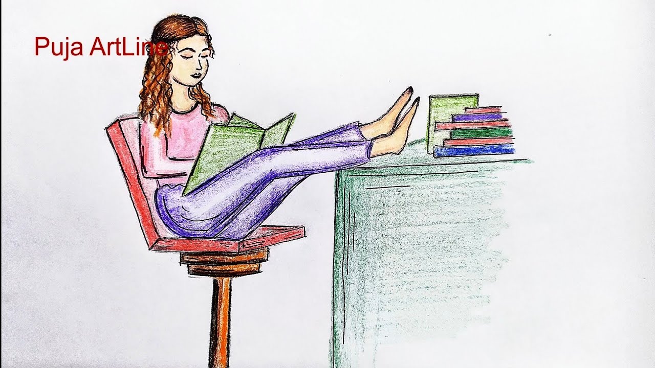 Drawing of A Cute Girl Studying Moment - step by step || How to draw a ...