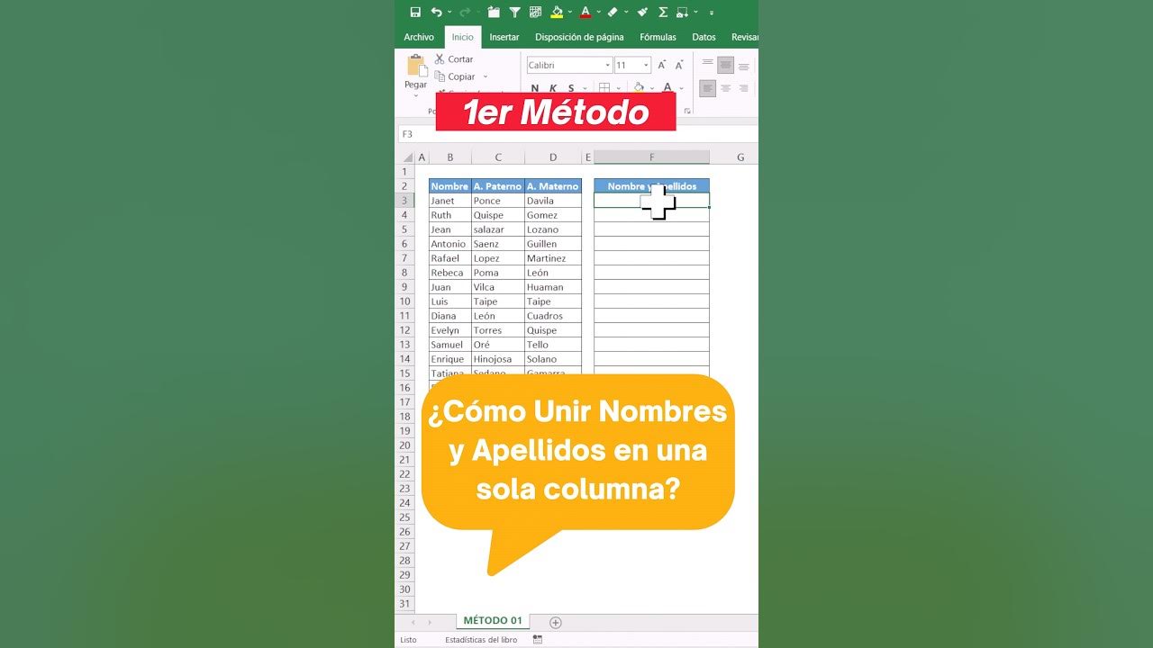 ¿Cómo UNIR Nombres y Apellidos en una sola COLUMNA en Excel? #excel # ...