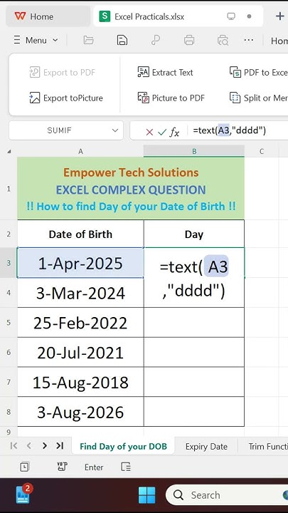 How to find Day of your Date of Birth in MS Excel |#excel #exceltips #exceltricks #et # ...