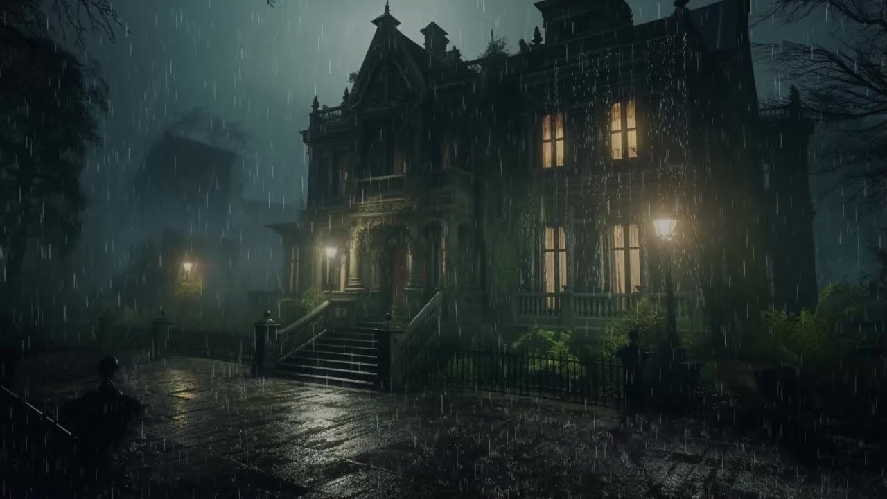 Summer thunderstorm near a small mansion with refreshing rain and ...