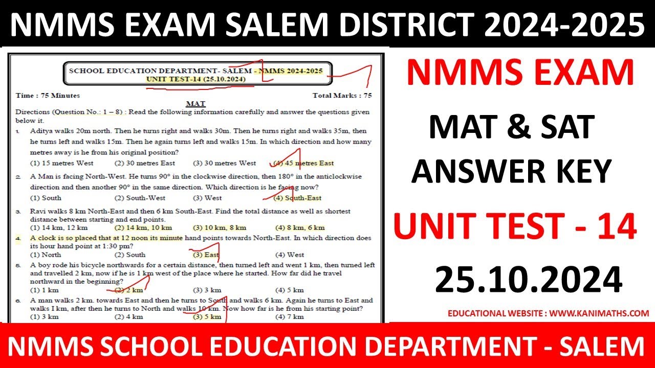 NMMS Exam | Salem Dt|Answer Key|25-10-24|MAT & SAT|Unit Test - 14|2024 ...