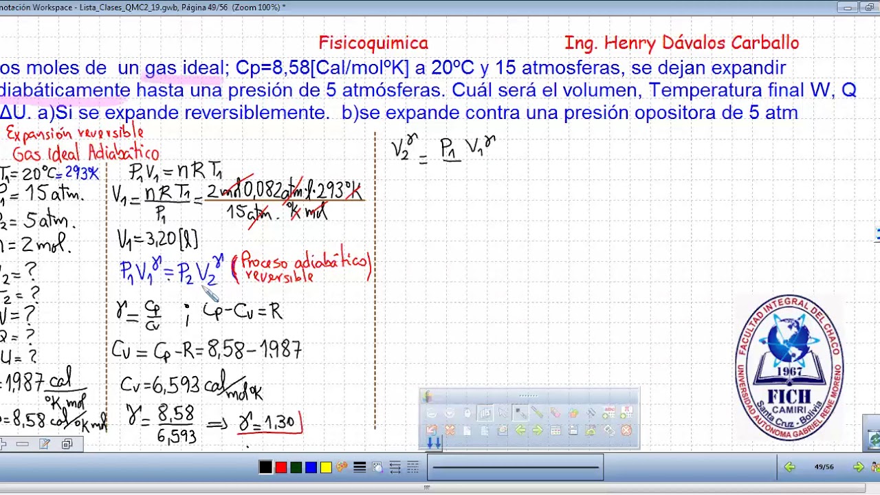 Ejercicio fisicoquimica proceso adiabatico reversible - YouTube