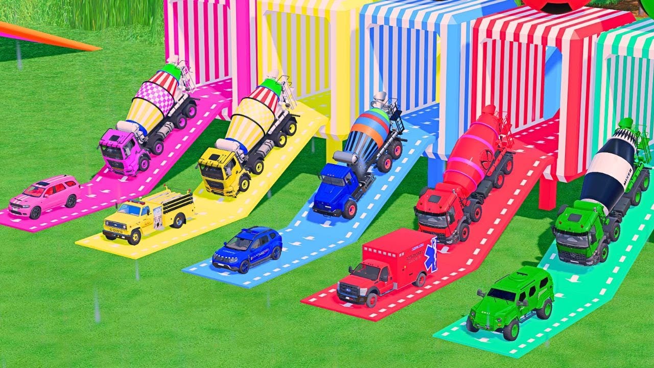 TRANSPORTING POLICE CARS, AMBULANCE, FIRE TRUCK, COLORFUL CARS WITH ...