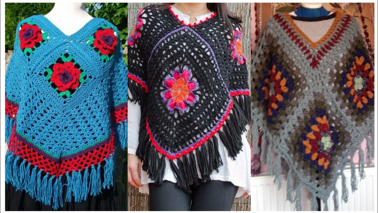 Mind Blowing Trendy Crochet Hand knitting V shaped Shawl Poncho Designs ...