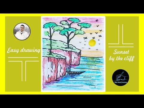 Easy drawing | Sunset by the cliff #easydrawingideas - YouTube