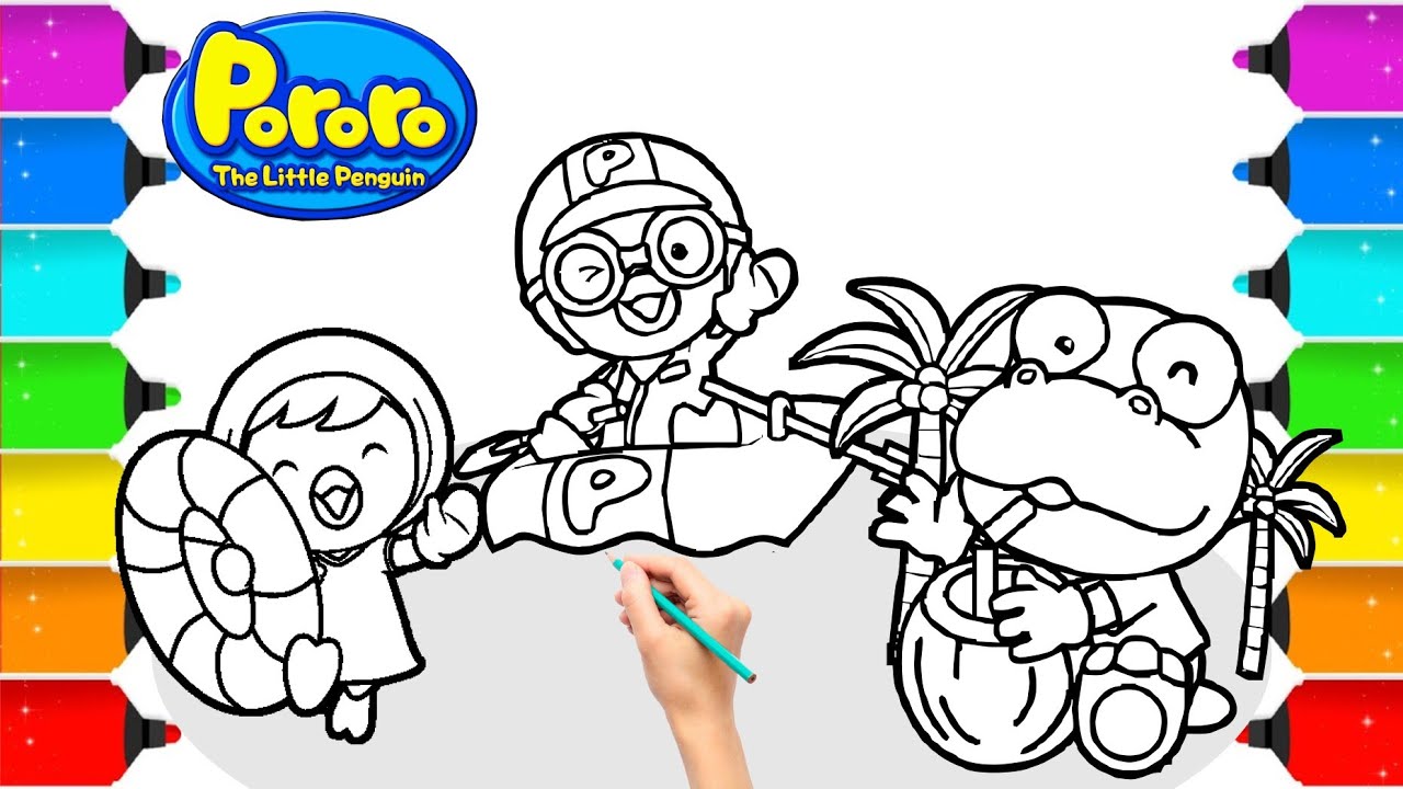 Coloring Pororo the little penguin Petty gathers on the beach with ...
