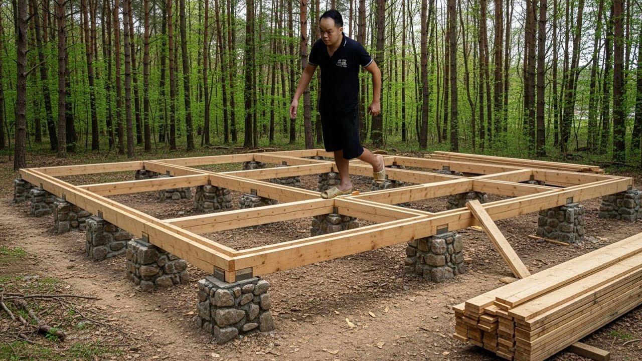 Building a wooden house to live in the forest in just 100 days. - YouTube