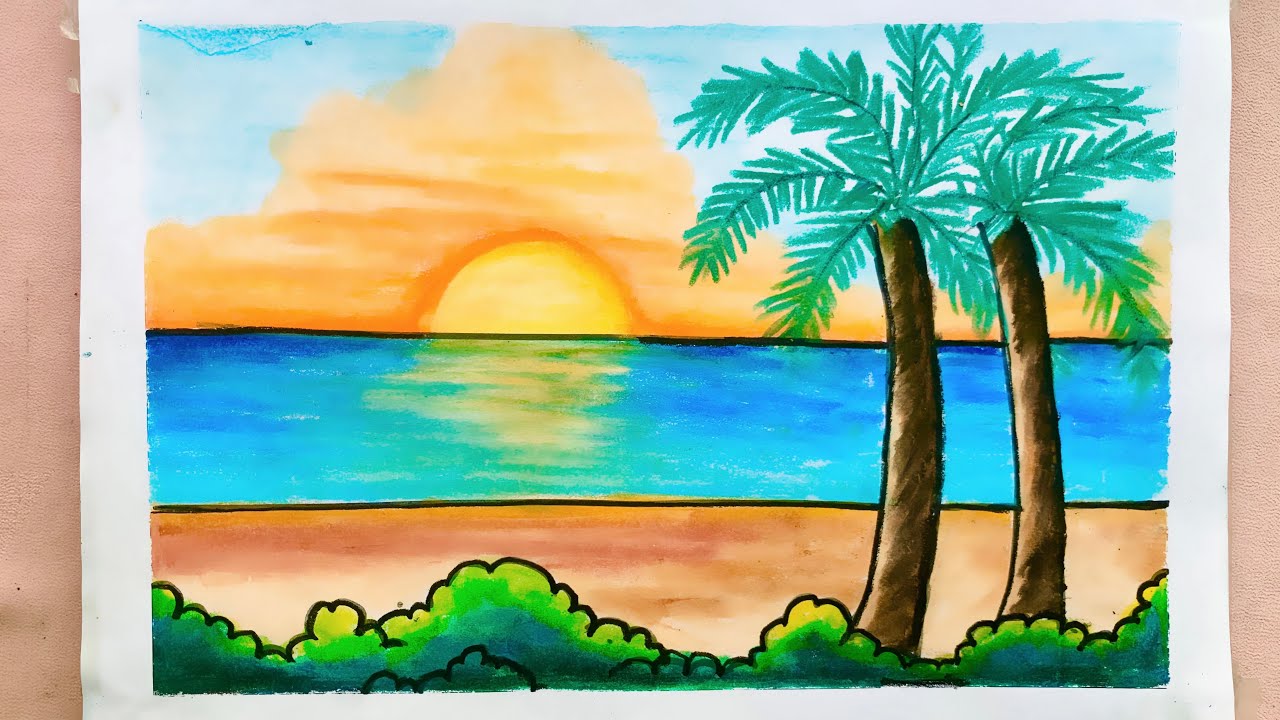 How To Draw Easy Sunset Scenery | Sea Beach Drawing |#oil_pastel # ...