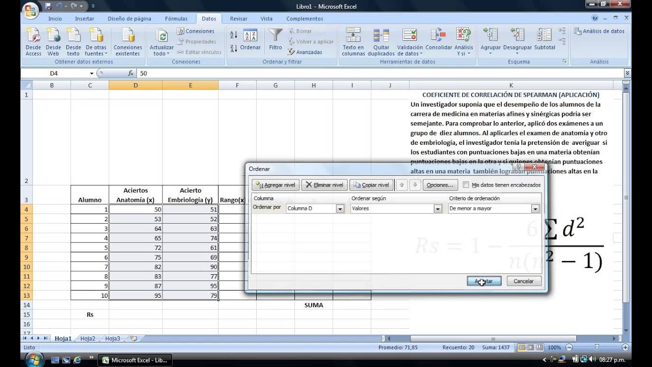Calcular Coeficiente de Correlación de Spearman en Excel - YouTube