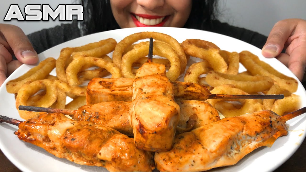 ASMR MUKBANG CHICKEN SKEWER & CRUNCHY ONION RINGS | ASMR ONION RINGS ...