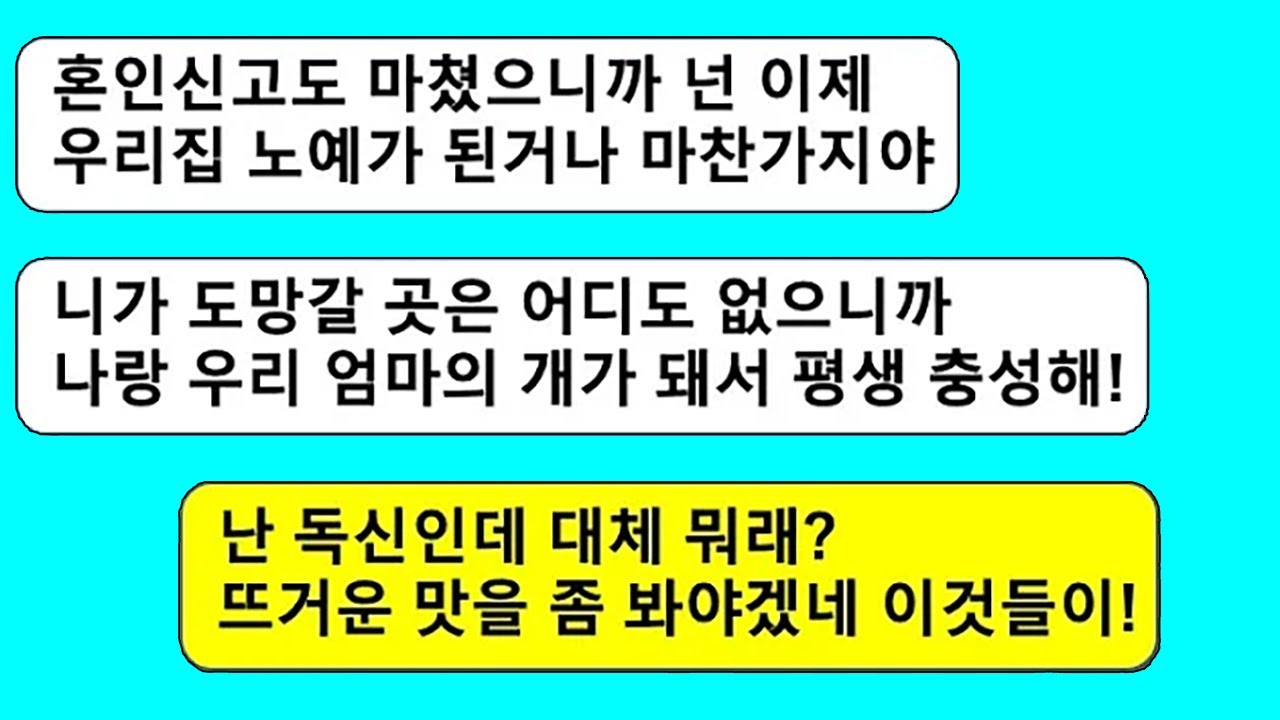 모아보기 혼인신고를 끝내자마자 노예계약을 했다고 들떠서 좋아하던 시모와 남편며느리를 개보다 못한 취급하는 인간들한테 뜨거운 라디오드라마 사연라디오 카톡썰