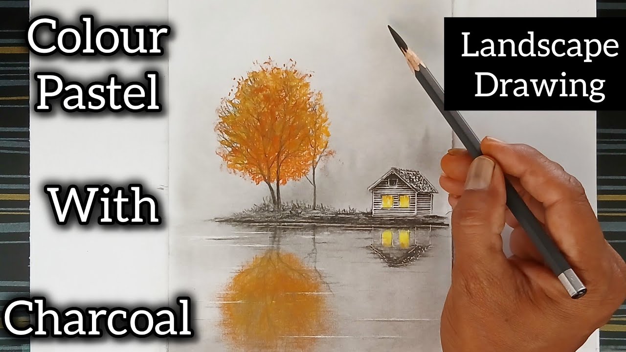 A landscape scenery drawing with charcoal pencil and colour pastel soft ...