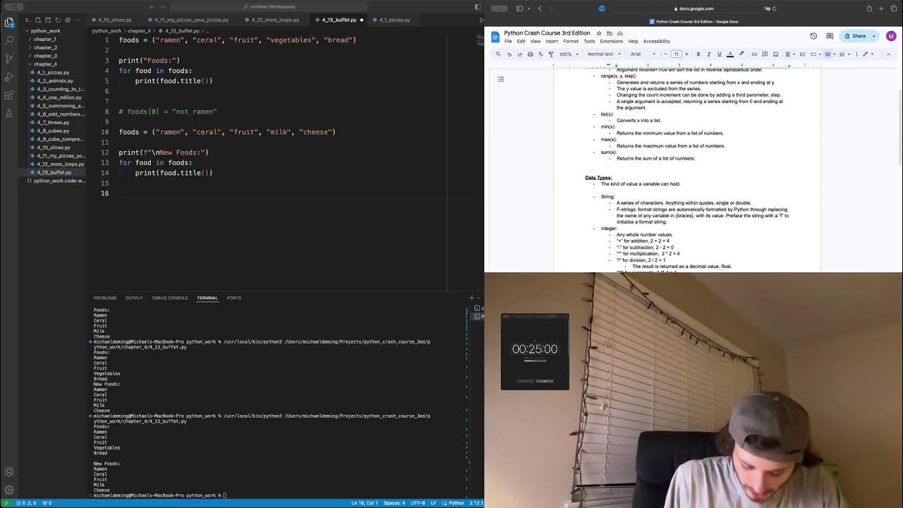 Teaching Myself Python Live: Python Crash Course by Eric Matthes | Chapter 4 & 5 | + Pomodoro ...
