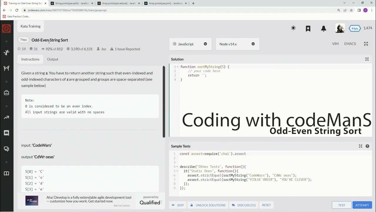 Codewars 7 kyu Odd-Even String Sort Javascript - YouTube