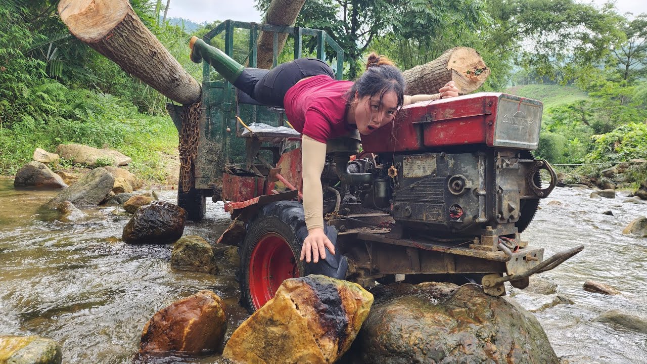 Agricultural vehicle transporting wood girl logging alone - YouTube