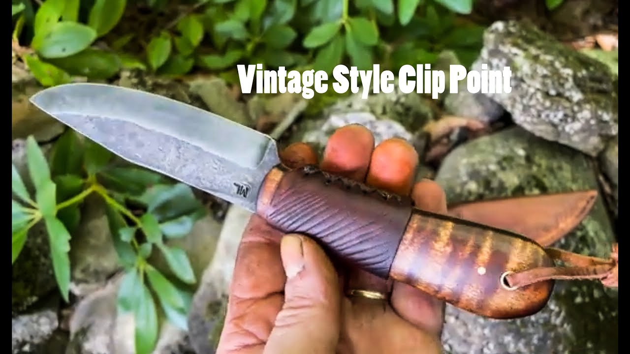 Vintage Style Clip Point Knife with tight Stitched Leather In Hand Look ...