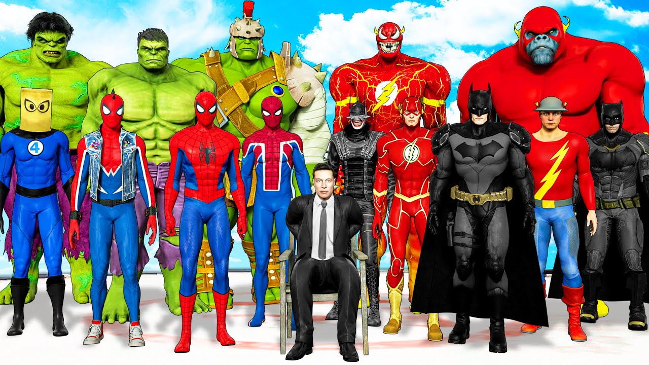 TEAM HULK & TEAM SPIDER-MAN VS TEAM BATMAN & TEAM FLASH - Saves Elon ...