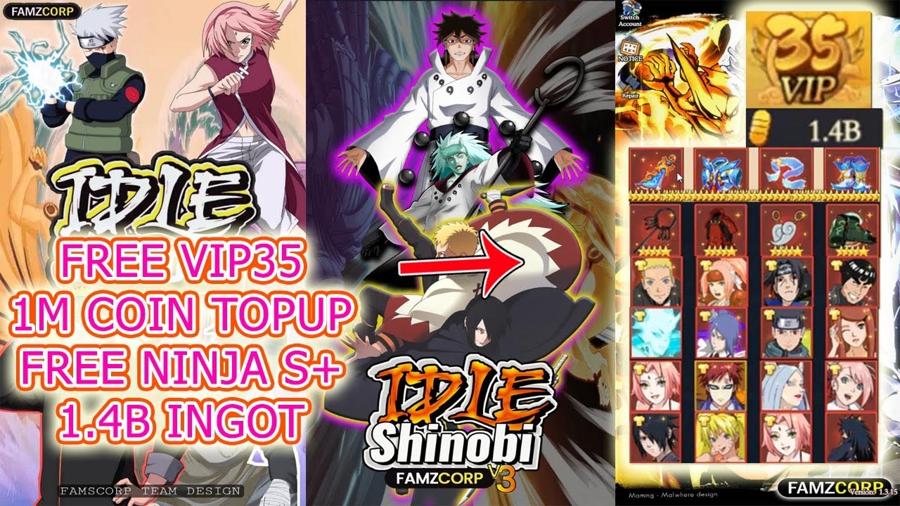 Idle Shinobi V3 Gameplay - Free V35 & 1M Coin Topup & Free Ninja S+ & Full Skin - YouTube