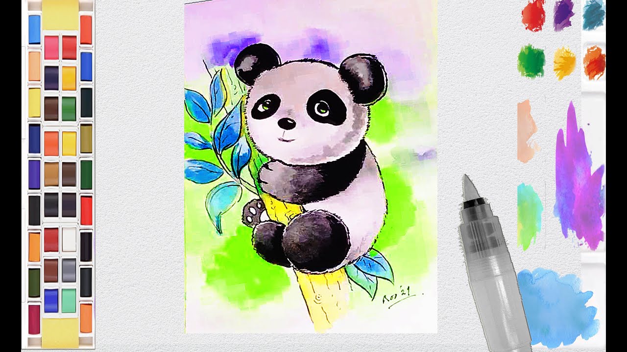 How to draw PANDA easy with Watercolor - Menggambar panda dengan cat ...
