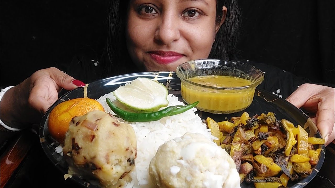 Eating Show - Rice, Dal, aloo bhirta, dim aloo vorta, fried egg, korola ...