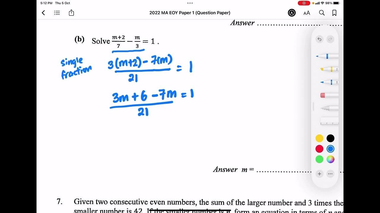 2022 EOY Exam (MA) S1 P1 Q6b Solving Equation - YouTube