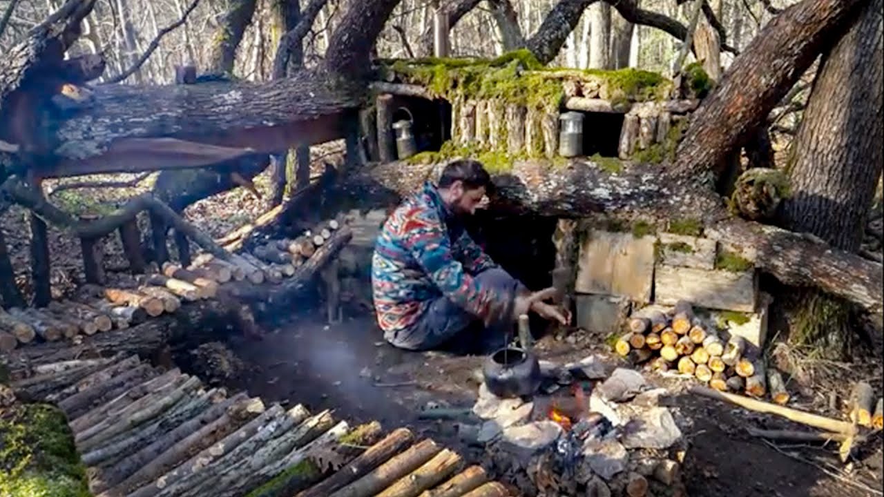 Hidden Forest Survival Shelter Under Fallen Tree - Bushcraft Overnight ...