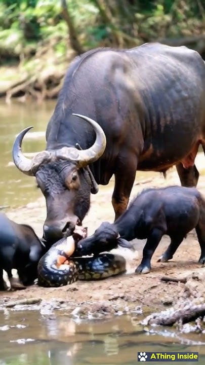 Mother buffalo protects her baby buffalo from the giant python in the ...