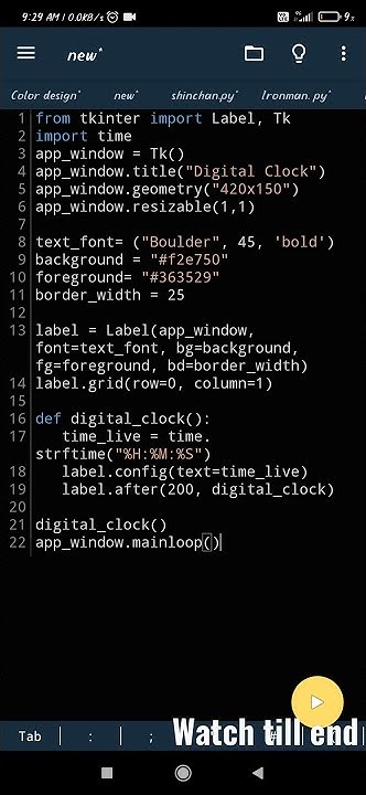 Digital Clock Python Code Pydroid 3 Mobile Shorts Tkinter Python Programming Youtube