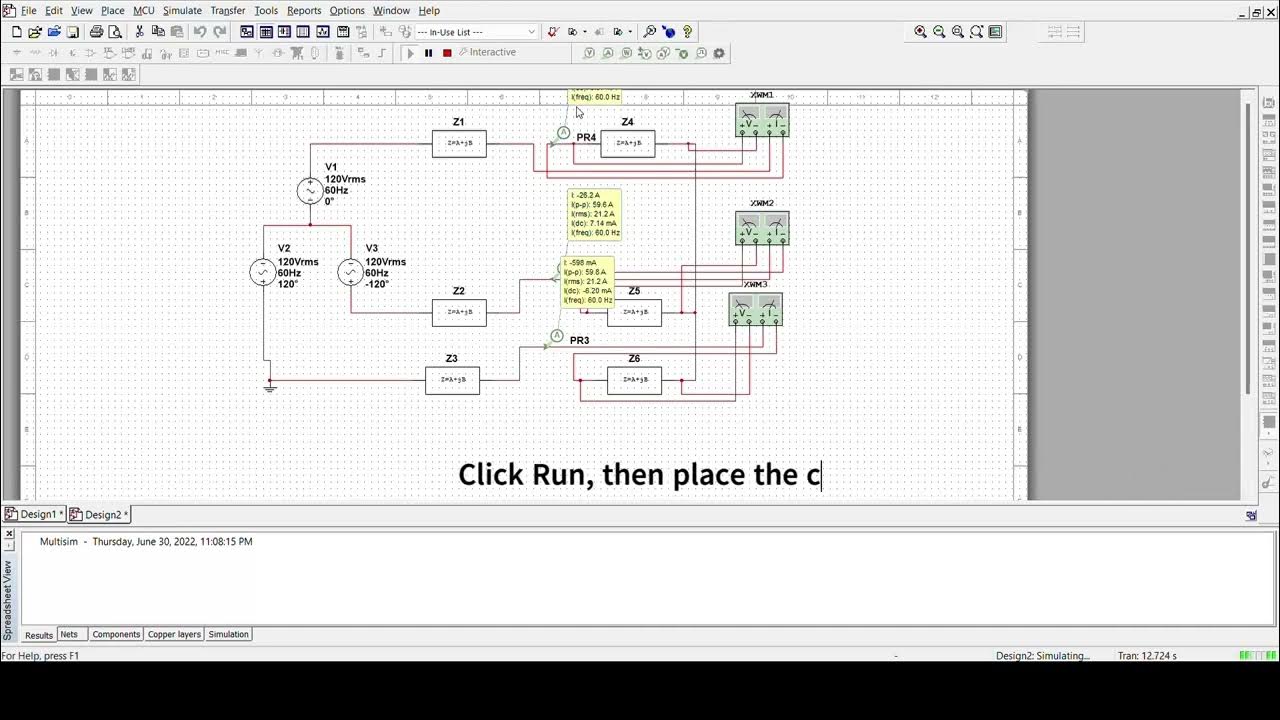 line current & power for 3 phase Y Y connection using Multisim - YouTube