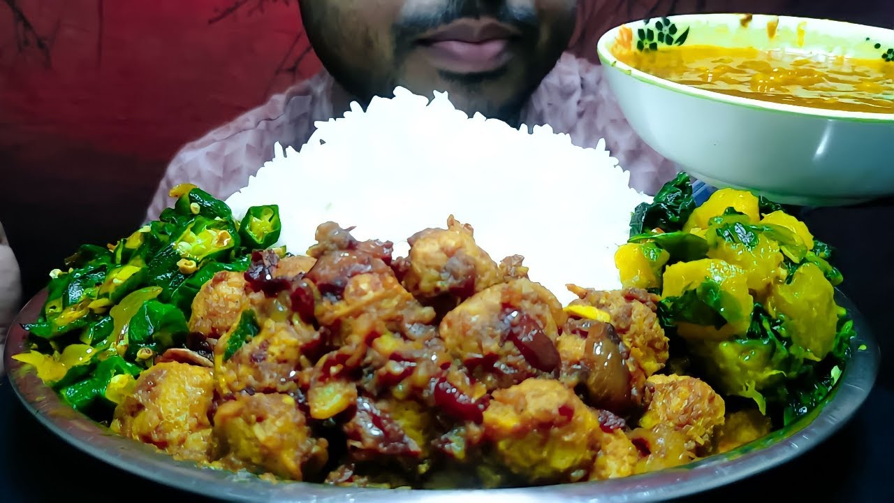 Eating Rice With Soyabean Curry, Fried Pumpkin With Basil and Fried ...