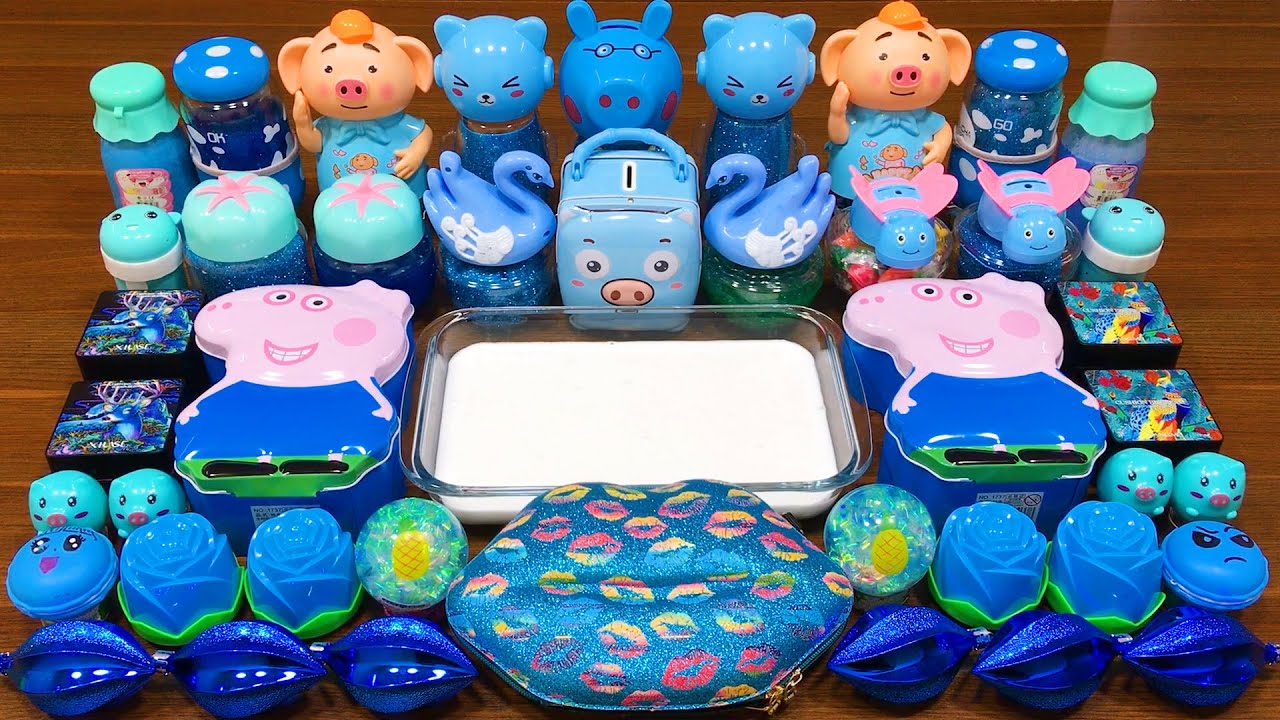 Series BLUE PEPPA PIG Slime! Mixing Random Things into GLOSSY Slime ...