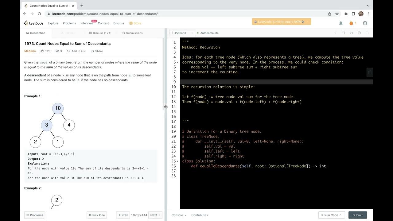 leetcode 1973. Count Nodes Equal to Sum of Descendants - Recursion - YouTube