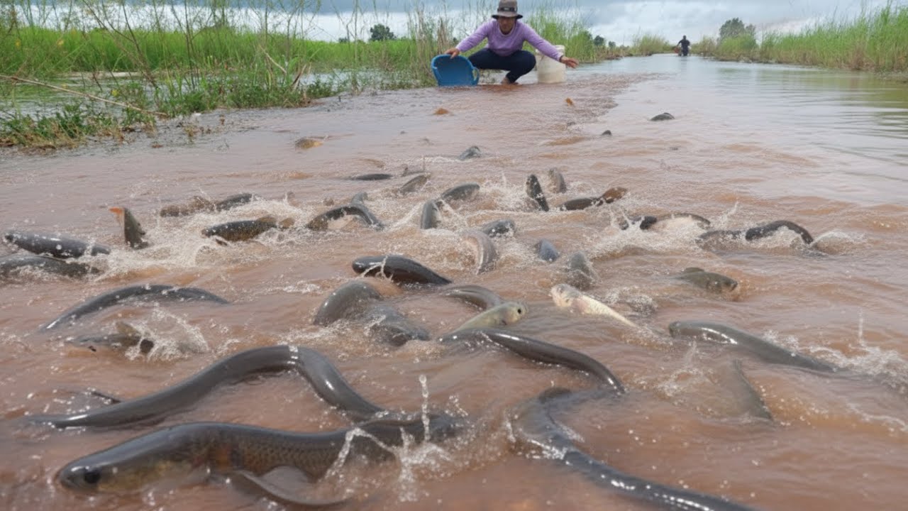 Unbelievable! Hundreds of Fish Flood the Canal — Crazy Catching Moment ...