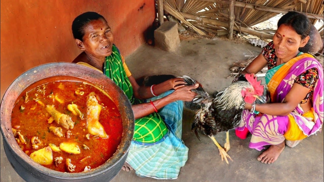 how santali tribe grandma cooking house pet country chicken curry in ...