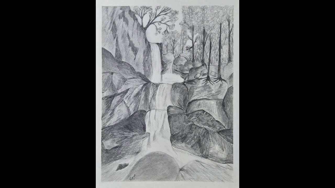 Waterfall Hand Sketch | Drawing in Pencil | Draw and shade a waterfall ...