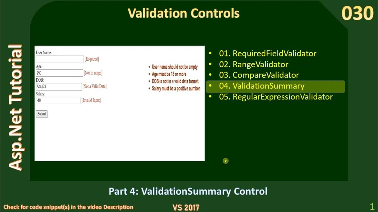 Validation Controls | Part 4 - ValidationSummary | Asp Net Tutorial #030 - YouTube