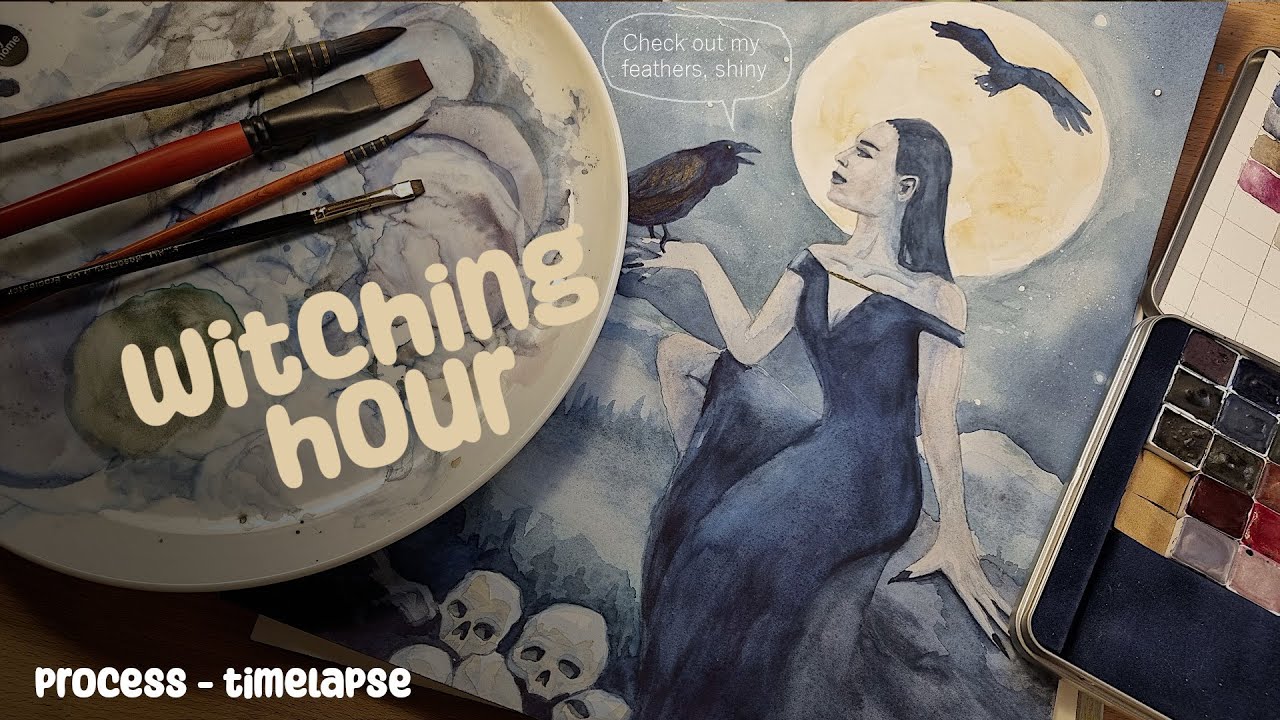 Moonlit Magic: A Witch and Crows Watercolor Illustration Journey! - YouTube